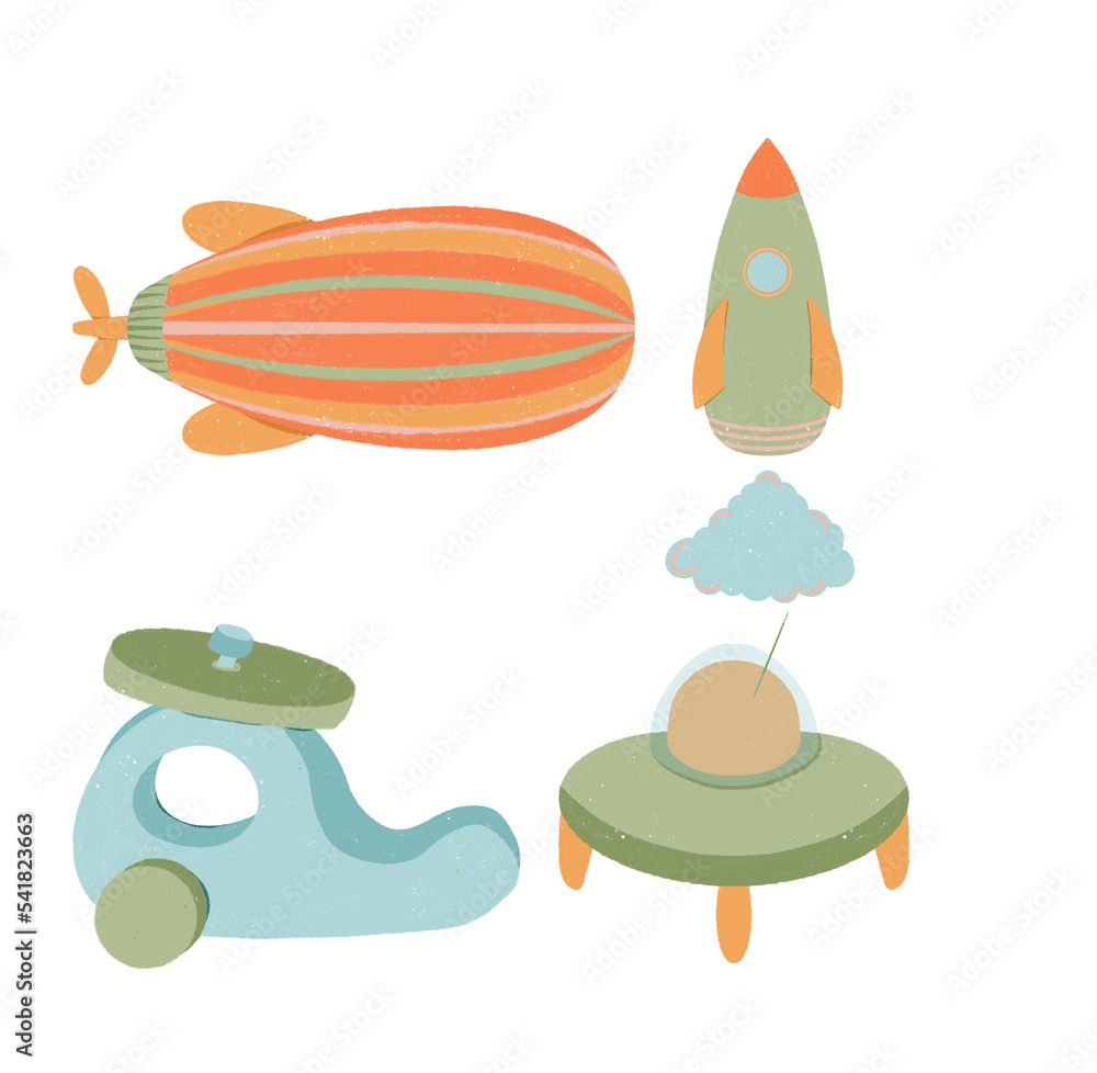 Air transport set: Airplane, rocket, spaceship and airship Stock ...