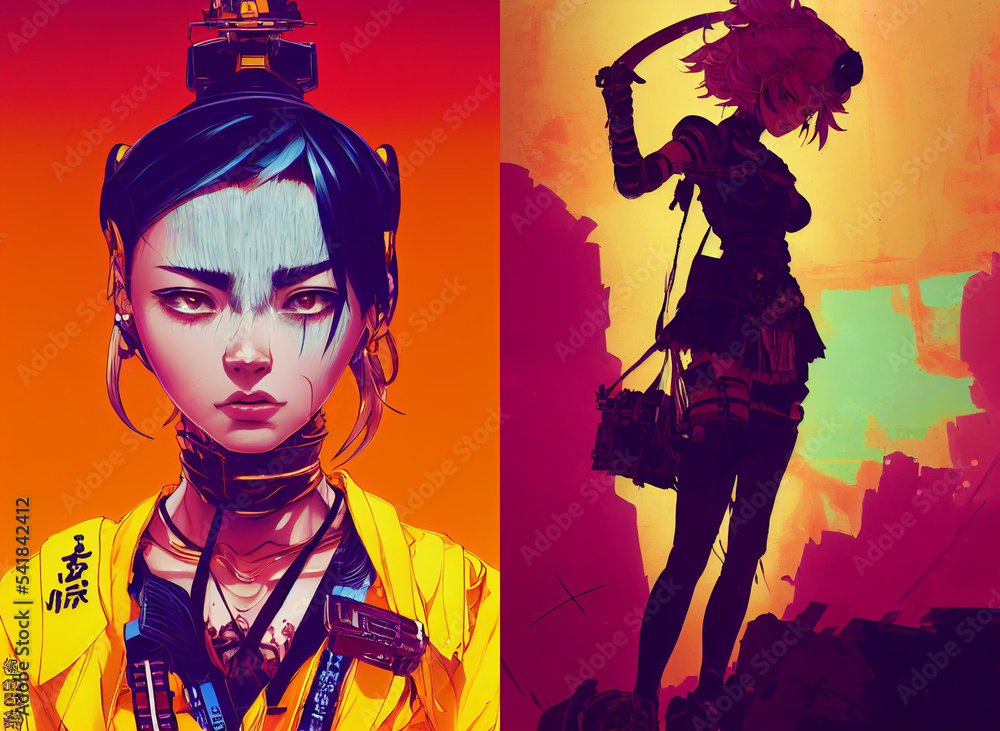 Cyberpunk anime character design, neon lights, bright colors, face ...
