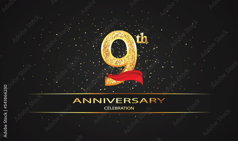 9 Year Anniversary celebration Vector Design with red ribbon and ...