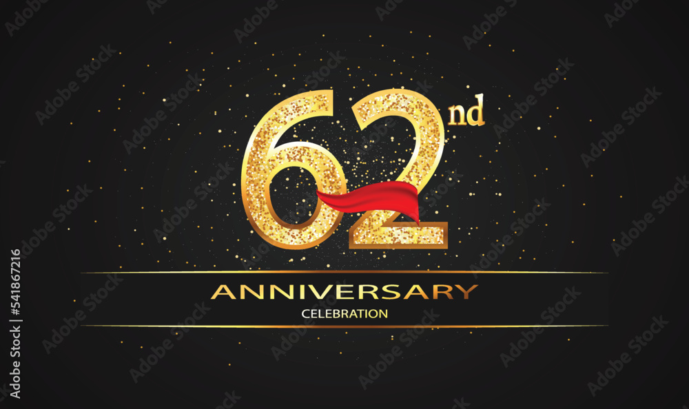 62 Year Anniversary celebration Vector Design with red ribbon and ...