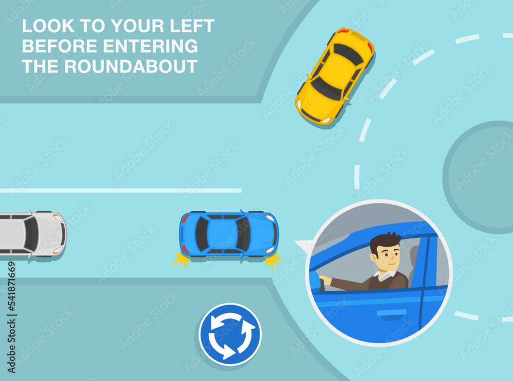 Safe driving tips and traffic regulation rules. Priority inside the roundabout. Look to your ...