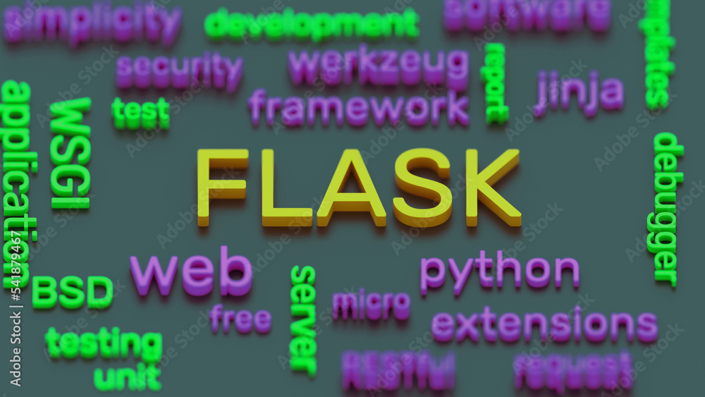 FLASK free web framework word and terms cloud 3d illustration Stock ...