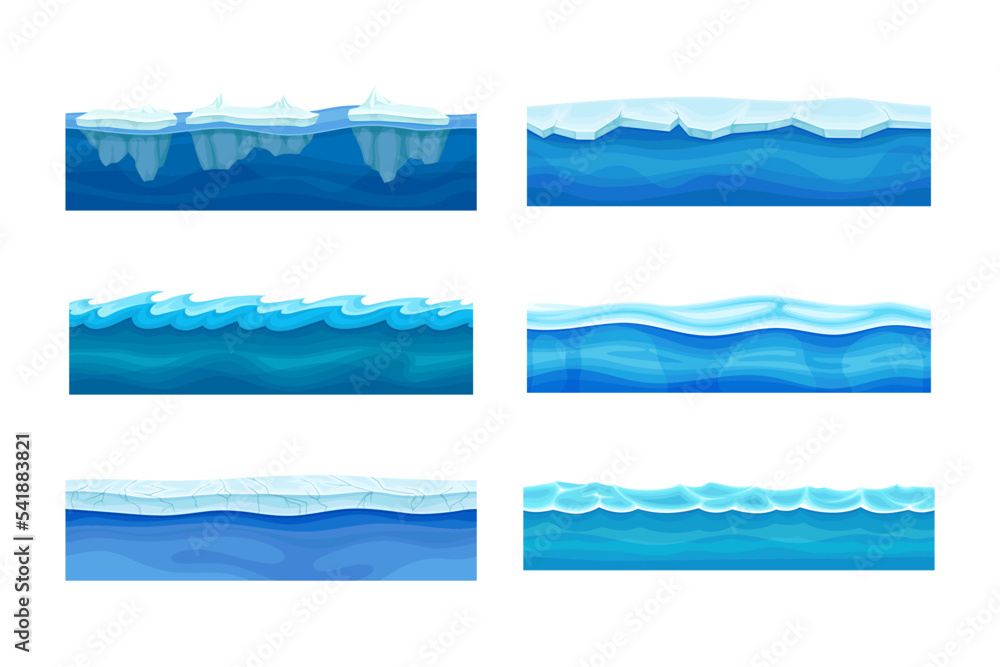 Blue wave layers set. Wavy borders, river, sea or ocean blue liquid ...