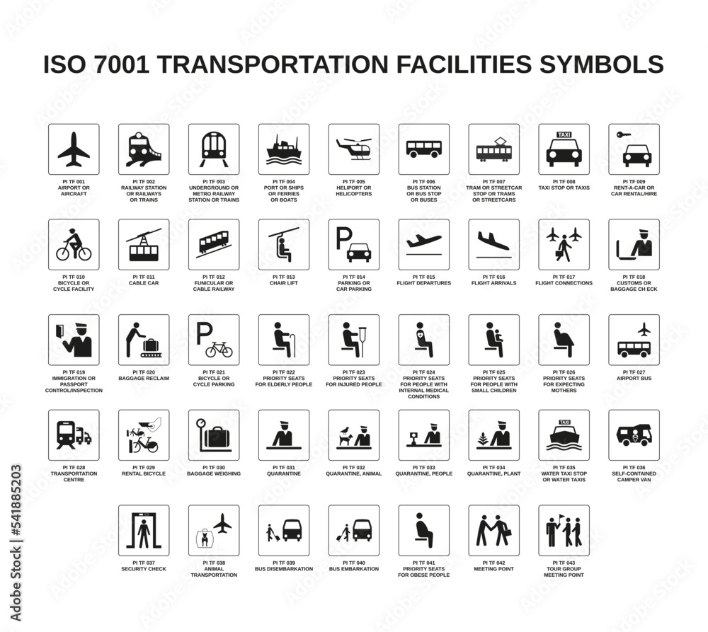 set of iso 7001 transportation facilities symbols on white background の ...