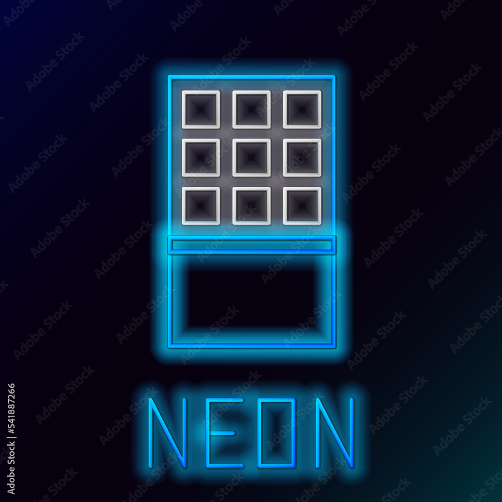 Glowing neon line Chocolate bar icon isolated on black background ...