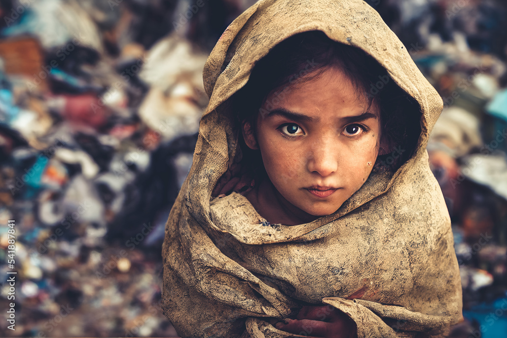 3D illustration of little girl in garbage waste landfill spectacular ...