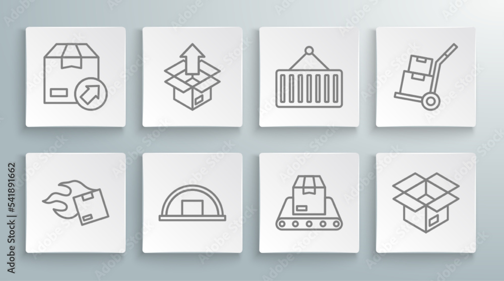 Set line Carton cardboard box, Unboxing, Warehouse, Conveyor belt with, Container crane, Hand ...