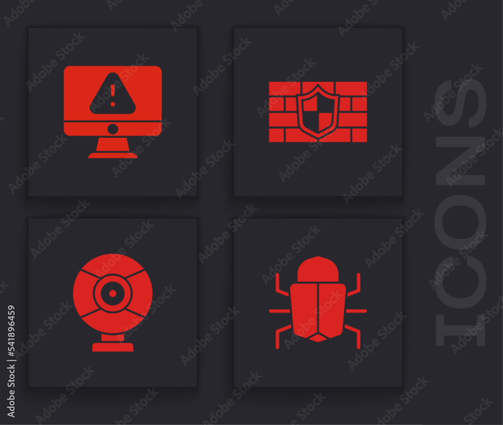 Set System Bug Monitor With Exclamation Mark Shield Brick Wall And Security Camera Icon