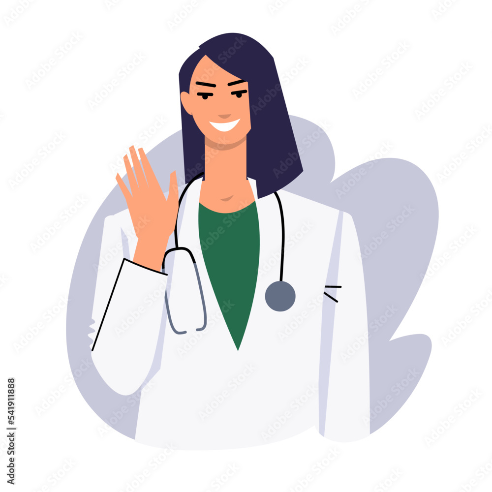 Young doctor woman making a welcome gesture. Portrait of positive ...