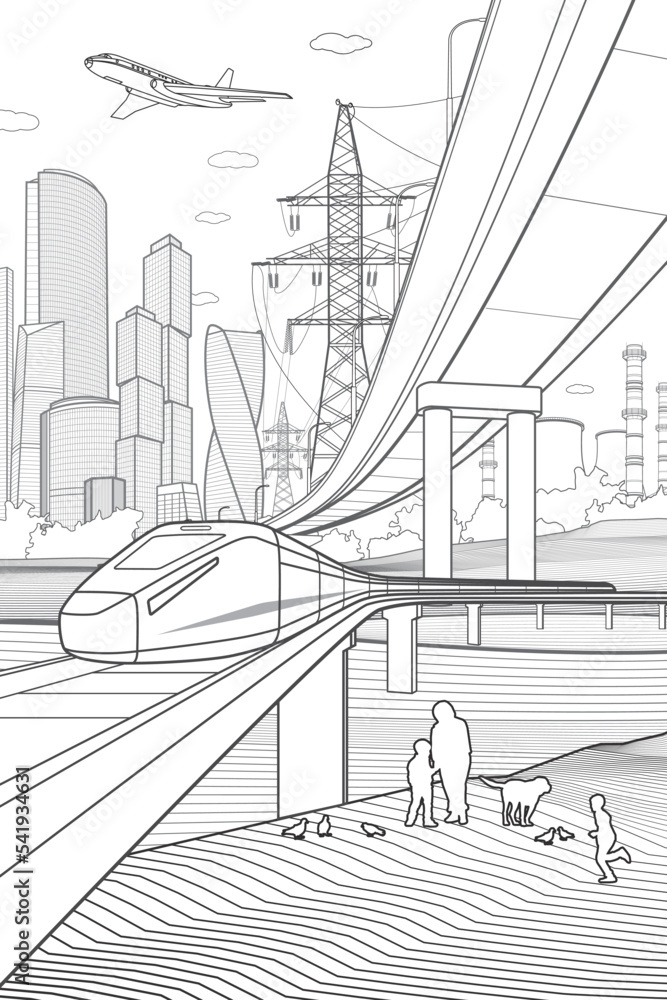 Outline city illustration. Railroad bridge. Car overpass. Train rides ...