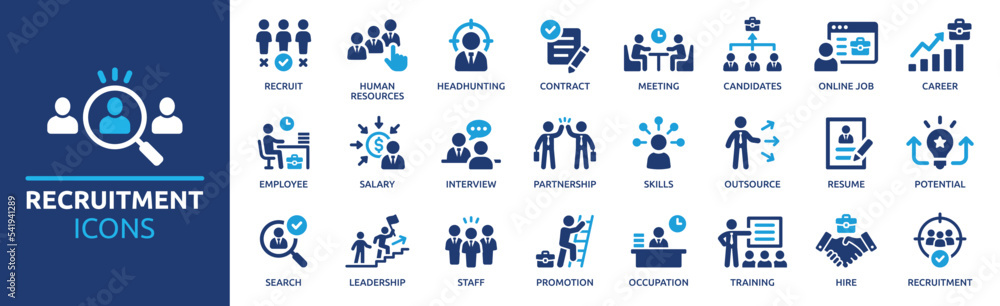 Recruitment icon set. Headhunting, career, resume, job hiring, candidate and human resource ...