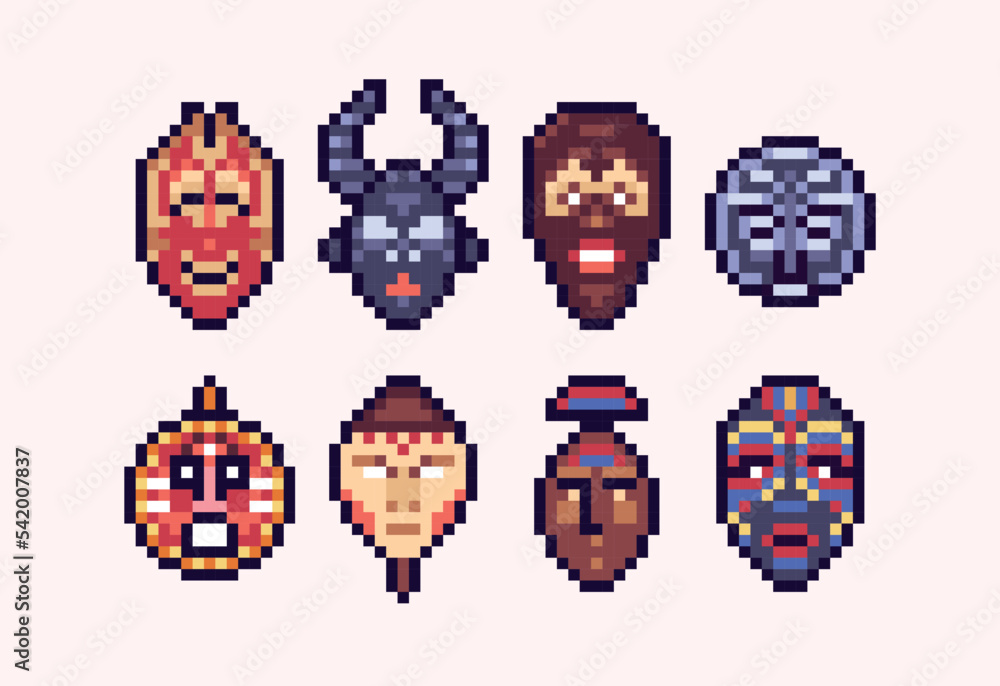Stock-Vektorgrafik „Ancient tribal mask pixel art set. Ceremonial ...