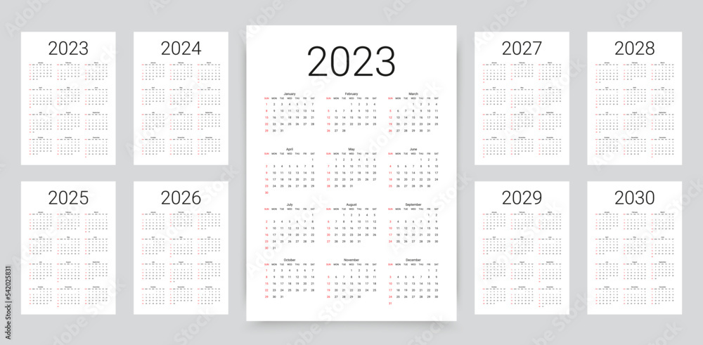 2023, 2024, 2025, 2026, 2027, 2028, 2029, 2030 years calendar. Week ...