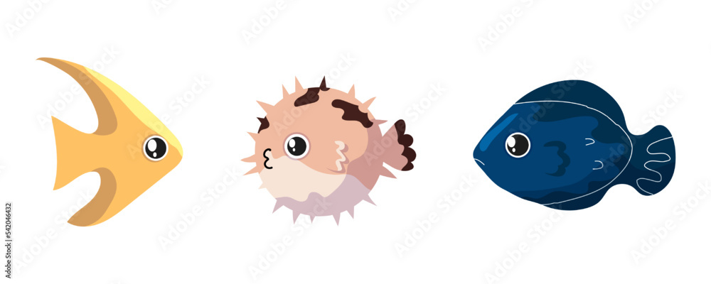 Cartoon fishes. Sea animals collection. Cute wild underwater or aquatic ...