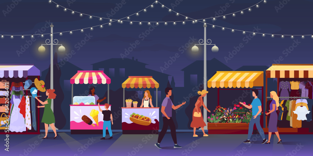 Night market. Festival food stall. Outdoor shops. Local fair street ...