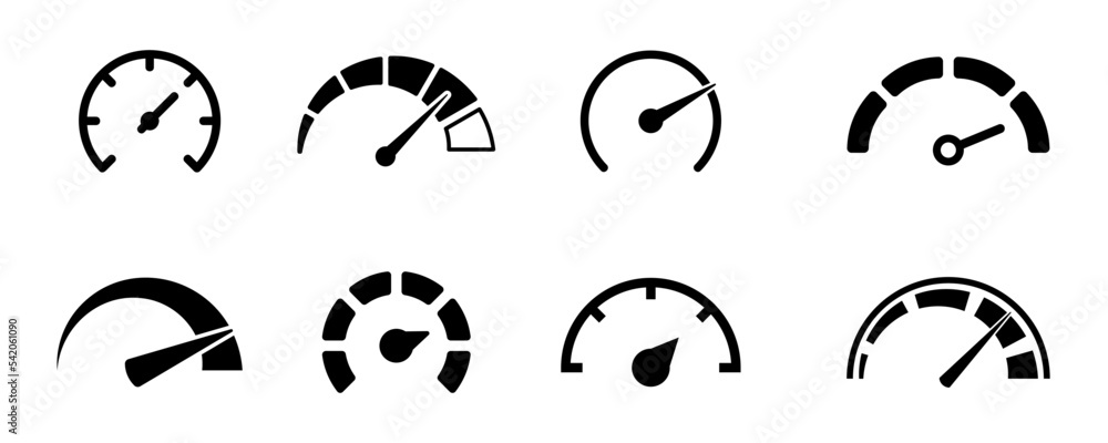 Speed signs. Speedometer black icons set. Speed indicators with arrows. Fast speed. Internet ...