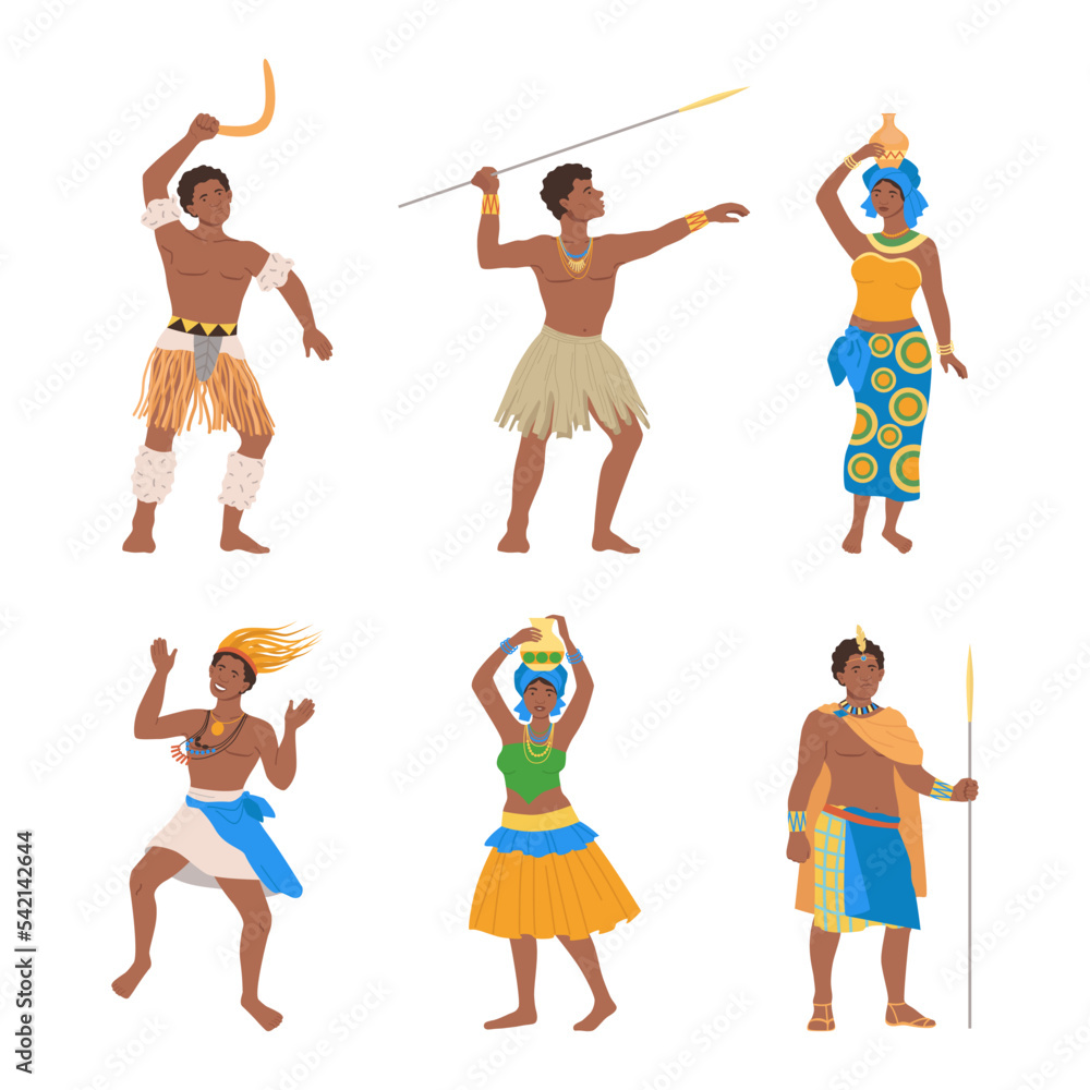 Native African people in traditional clothing set. Aboriginal men and ...