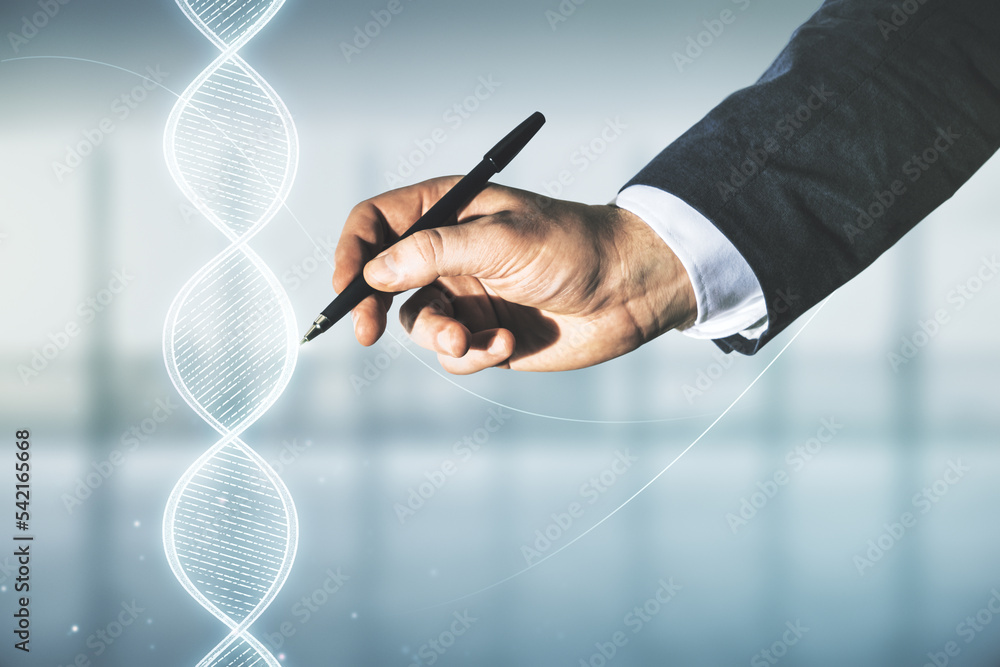 Man hand with pen working with virtual DNA symbol illustration on ...