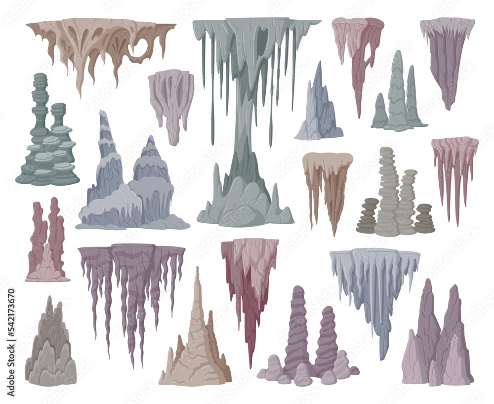Stalagmite and stalactite limestone stones. Cartoon growth stalagmite ...