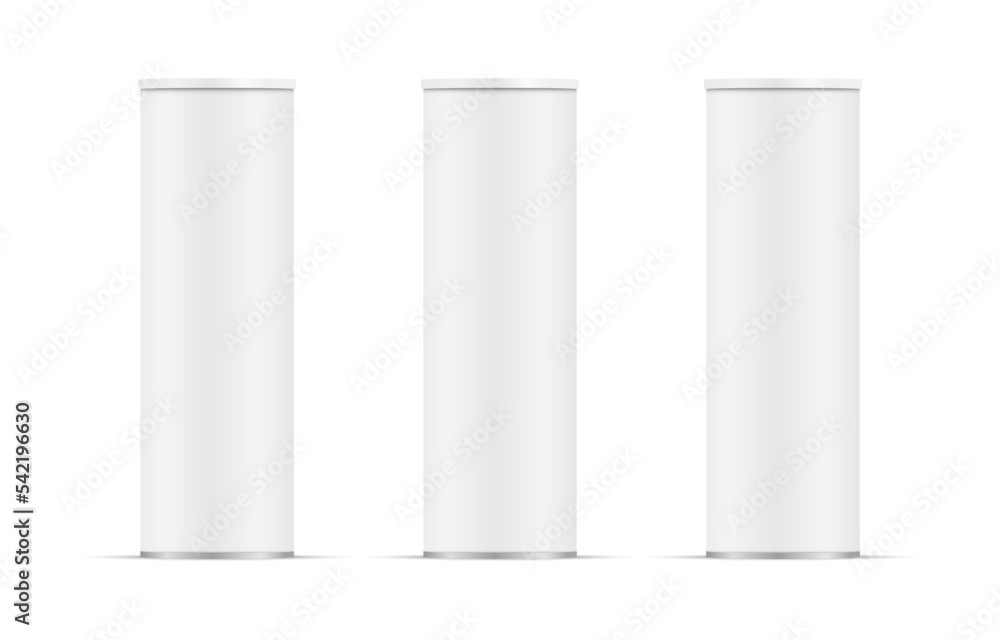 Realistic blank cylinder tube set. White matte paper cardboard box with ...
