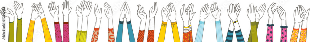 Hands clapping, doodle arm waving and thumbs up support. Applause hand, people fan crowd signs ...