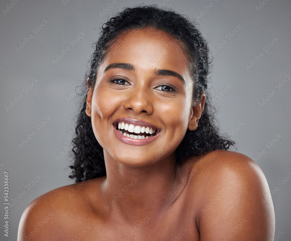 Black woman, beauty and smile with teeth for skincare, makeup or ...