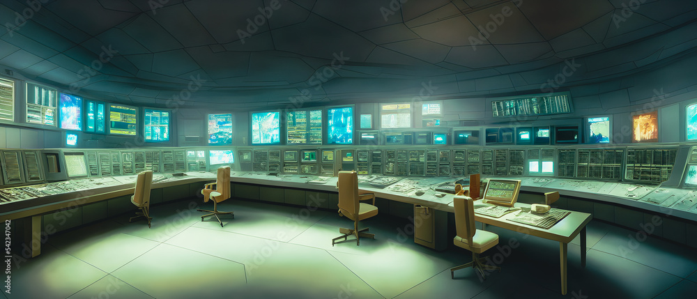 Artistic concept illustration of a futuristic control room of power ...