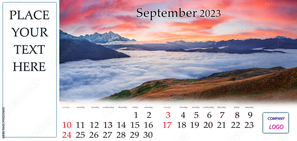 September 2023. Desktop monthly calendar template with place logo and ...