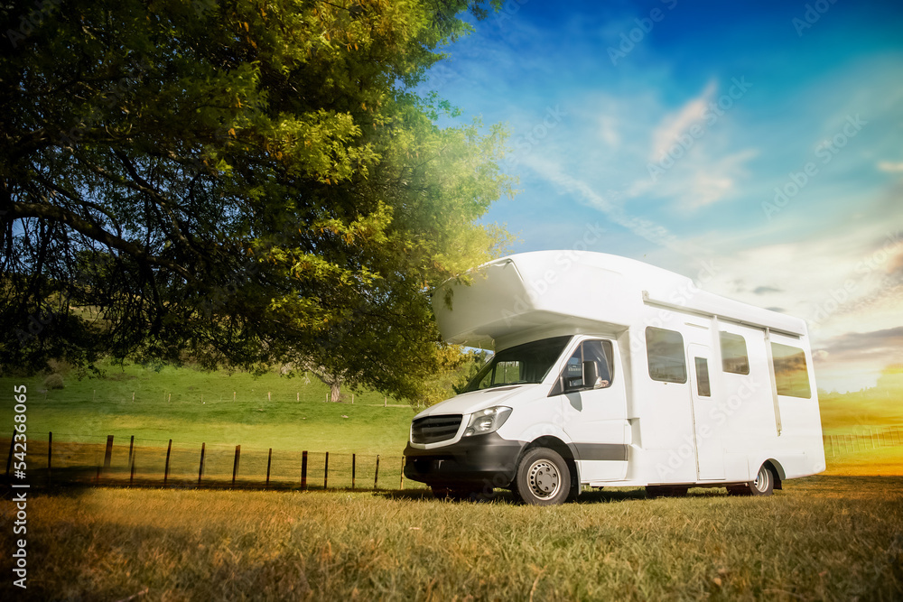 motorhome, caravan or campervan on natural background, vanlife concept ...