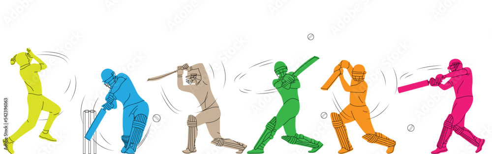set of player playing cricket action pose line art championship vector ...