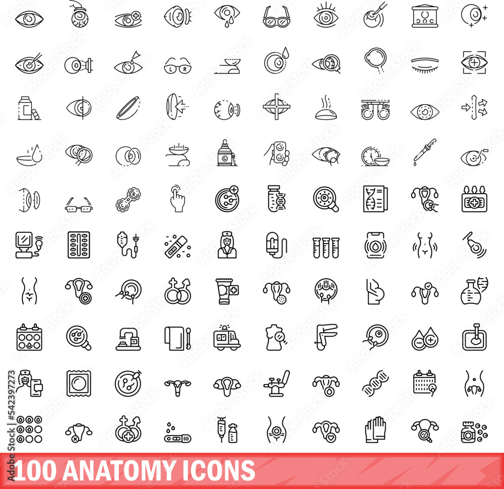100 anatomy icons set. Outline illustration of 100 anatomy icons vector ...