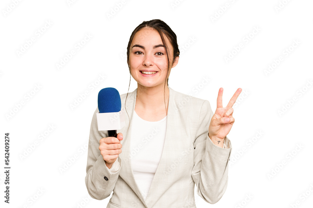 Young TV presenter caucasian woman isolated on green chroma background ...