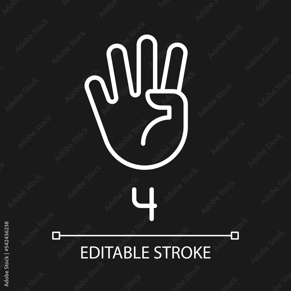 Digit four sign in ASL pixel perfect white linear icon for dark theme ...