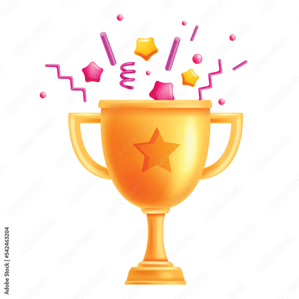 3D golden trophy cup, vector winner award icon, game UI prize, confetti ...