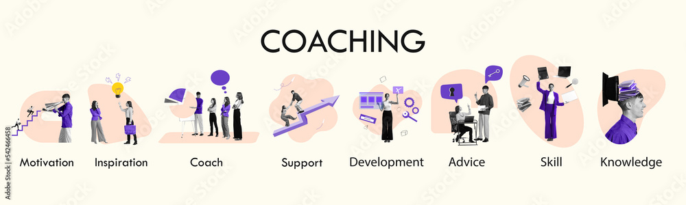 Set of icons of coaching concept. Motivation, inspiration, coach, support, development, advice ...