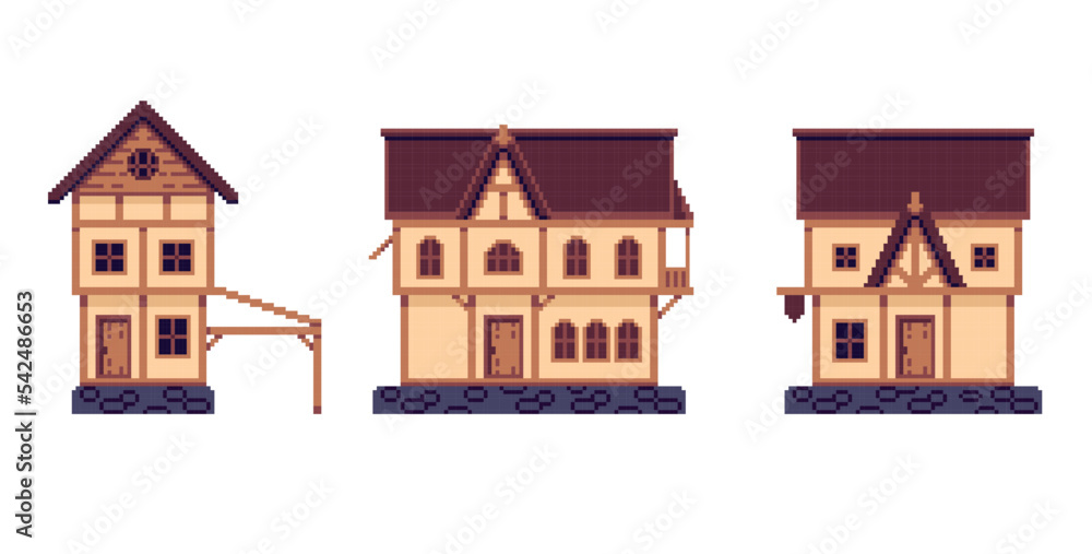 Medieval building pixel art set. Ancient European house collection ...