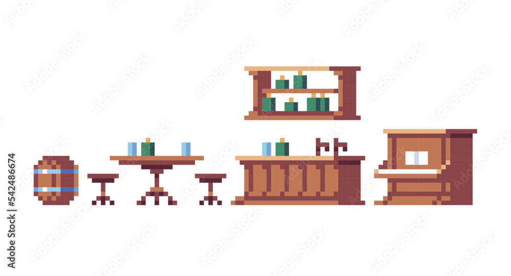 Old Texas pub pixel art set. Vintage American bar collection. Western ...