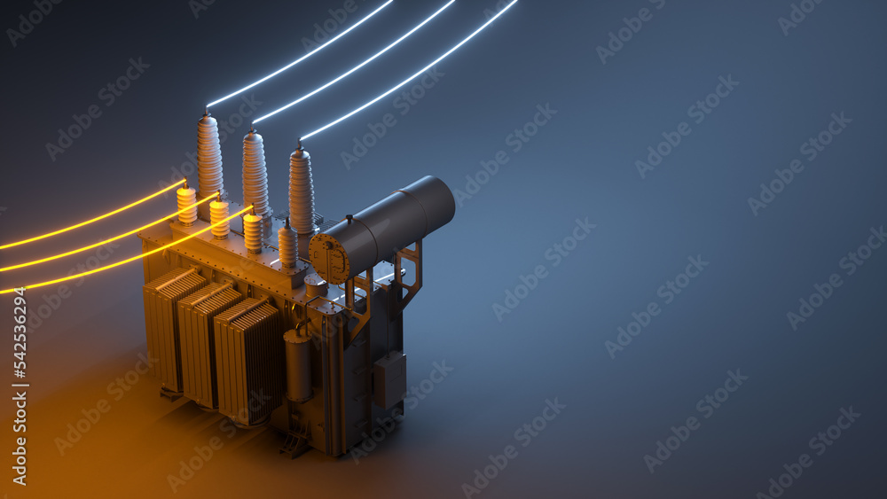 Electric transformer on a dark background with neon glowing wires ...