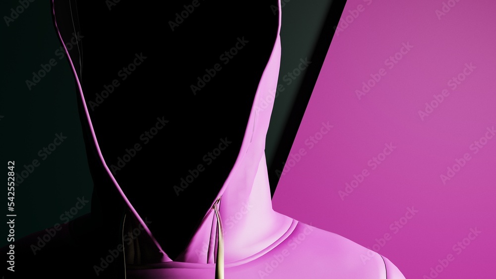 Anonymous hacker with pink color hoodie in shadow under deep black-pink ...