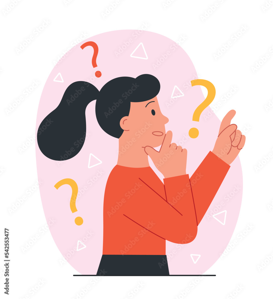Woman thinks concept. Girl with question marks. Thoughtful character ...