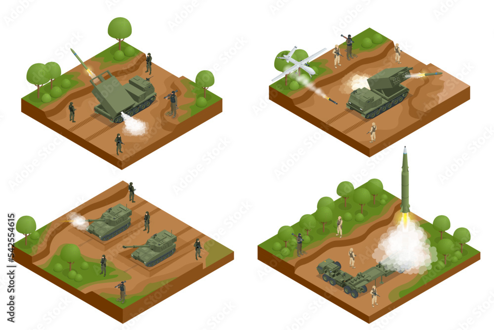 Military war set Isometric rocket salvo fire system on a wheeled ...