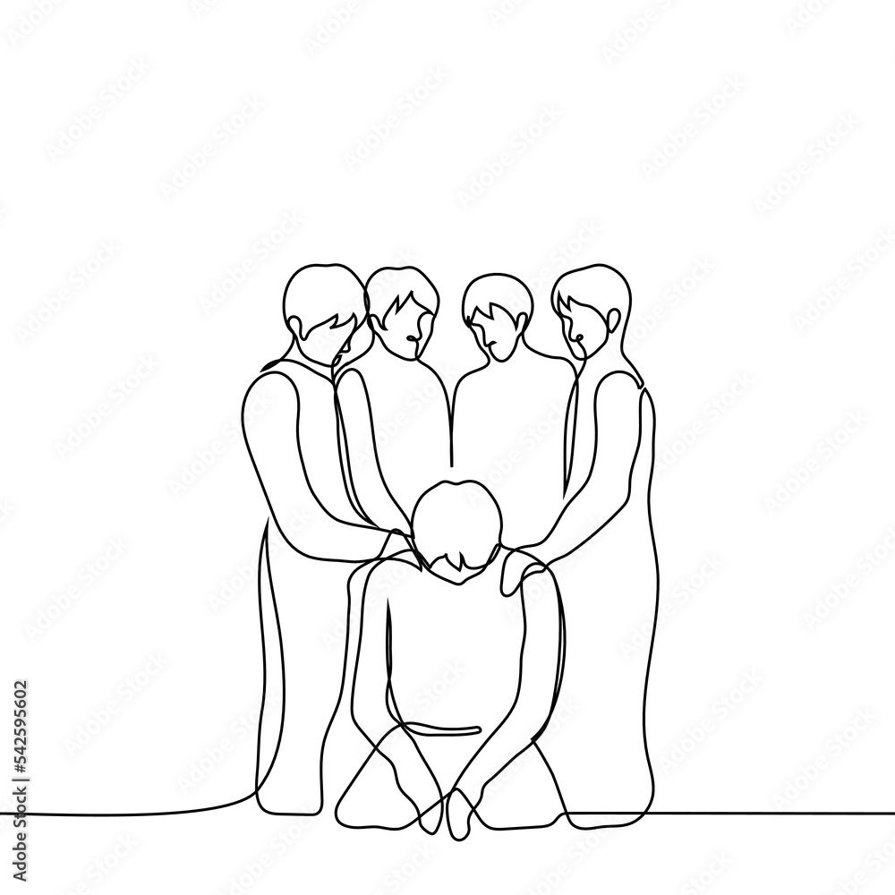 sad man with bowed head being comforted and supported by friends - one ...