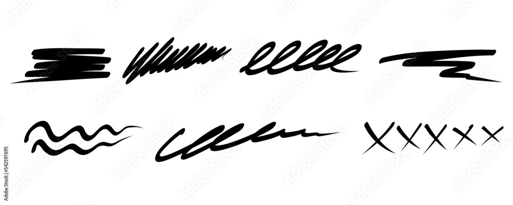 Hand drawn marker line stroke set. Highlight underline and strike ...