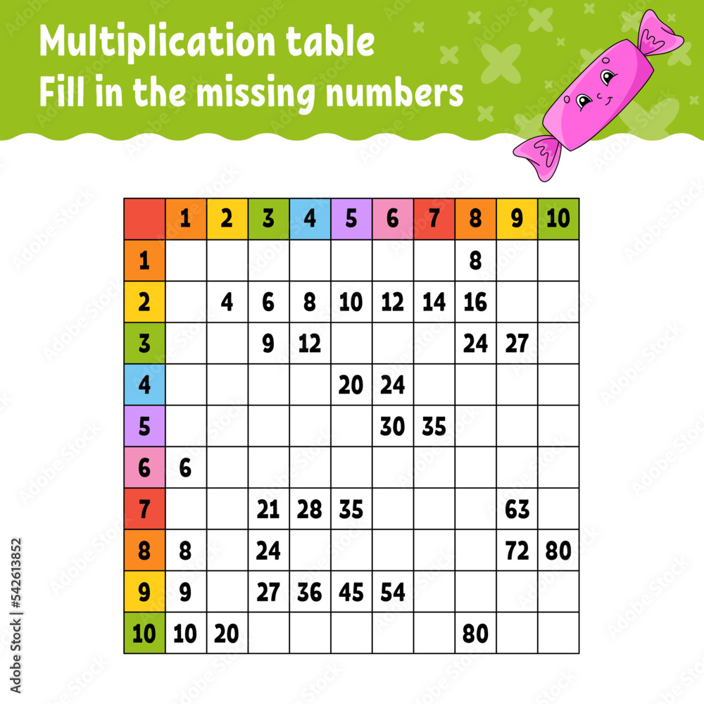 Paste the missing numbers. Learning multiplication table. Handwriting ...