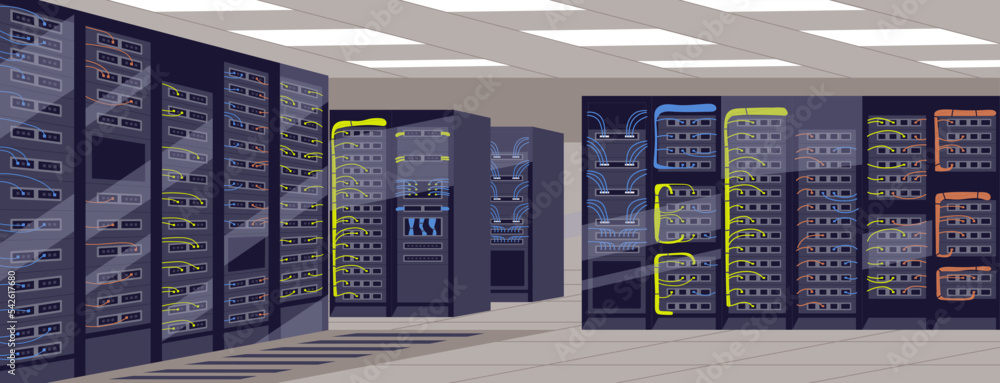 Server room with racks, equipment, cabinets, computer hardware cluster ...