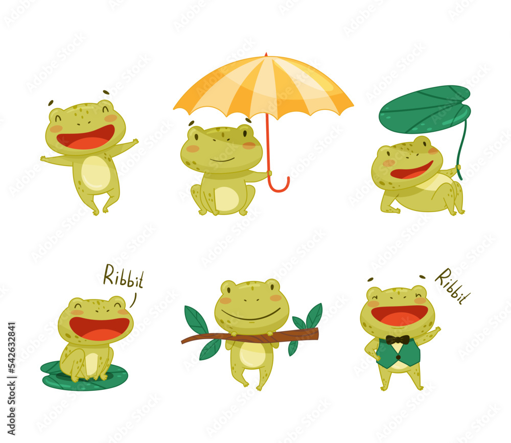 Cute frog cartoon character in everyday activities set. Green funny ...
