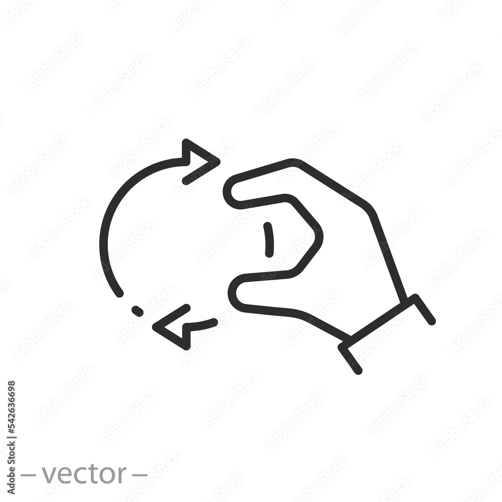 hand twist icon, spin or turn, regulate arrows, thin line symbol on ...