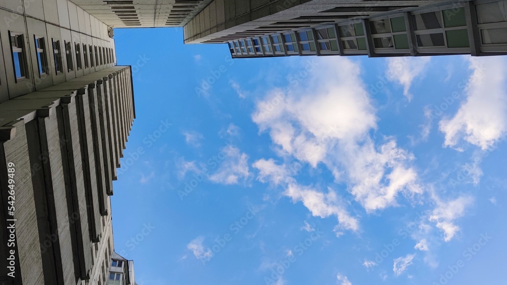Corner of a high-rise building from rectangular lines. The light green ...