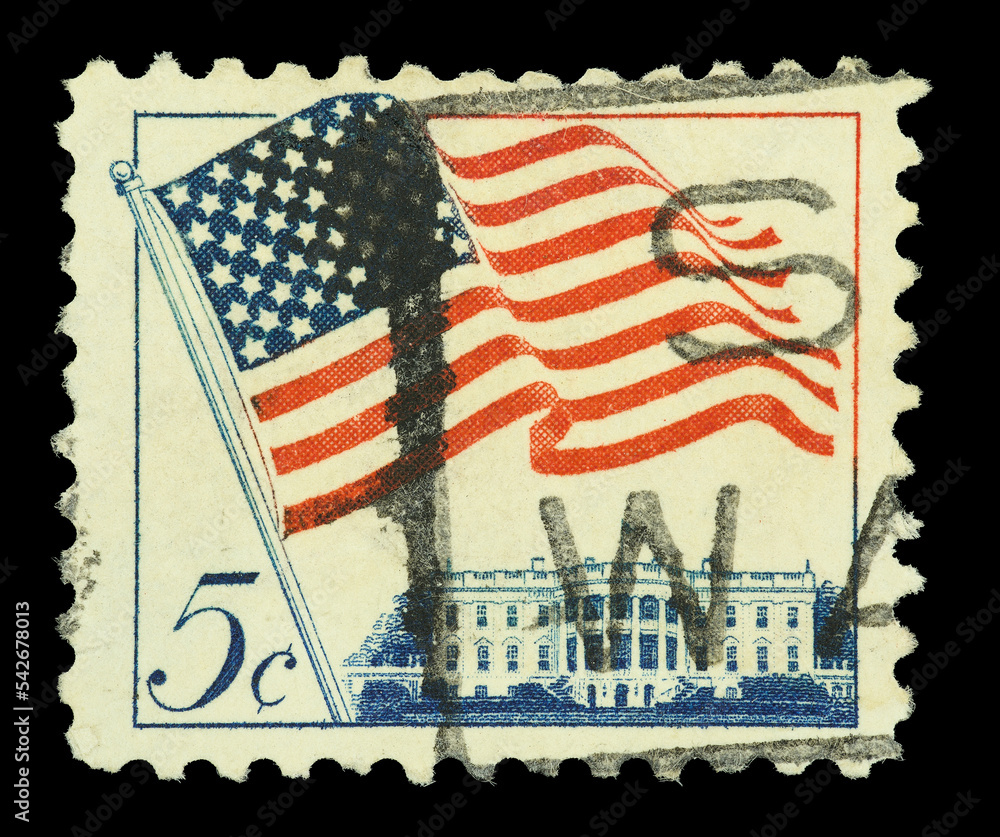 USA 1964: postage stamp – circa 1964 5c - flag. A stamp printed in the ...