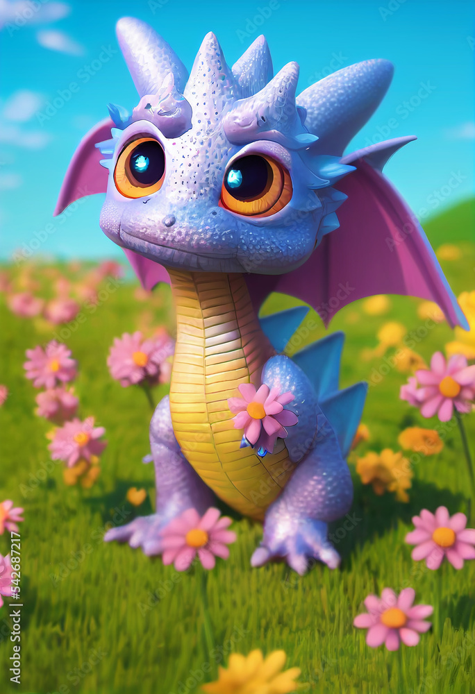 Cute baby dragon in a flower field, Close up fantasy creature, adorable ...
